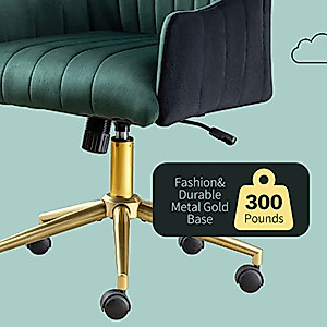 Desk Chair for Home Office Velvet Modern Accent Chair Upholstered Tufted Green Office Chair with Gold Base Swivel Wheels and Adjustable Height Armchair Study Work Stool Vanity Chair for Women, Girls