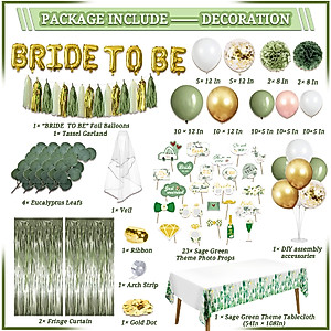 LFSTGN 310 Pcs Sage Green Bridal Shower Decorations, Bachelorette Party Decorations Favors - "BRIDE TO BE" Banner, Veil, Balloon, Photo Props, Tableware with Eucalyptus Leaf for 25 Guests