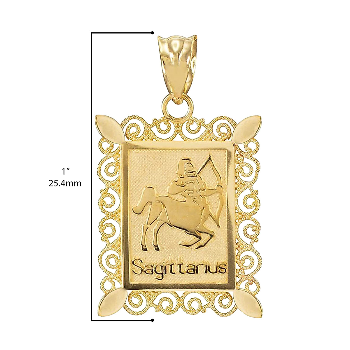Astrology Jewelry 10K Yellow Gold Filigree Style Rectangular Frame Zodiac Sign Charm Pendant – Sagittarius