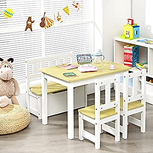 Costzon Kids Table and Chair Set, Wood Activity Table with Toy Storage Bench & 2 Chairs for Children Reading, Arts, Crafts, Snack Time, Homework, Playroom, Toddler Table and Chair Set (Natural)