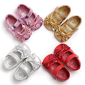 BENHERO Infant Baby Girls Mary Jane Flats Shoes with Bowknot Non Slip Soft Sole PU Leather First Walker Cirb Shoes Toddler Princess Wedding Dress Shoes(0-6 Months Infant),A-Gold