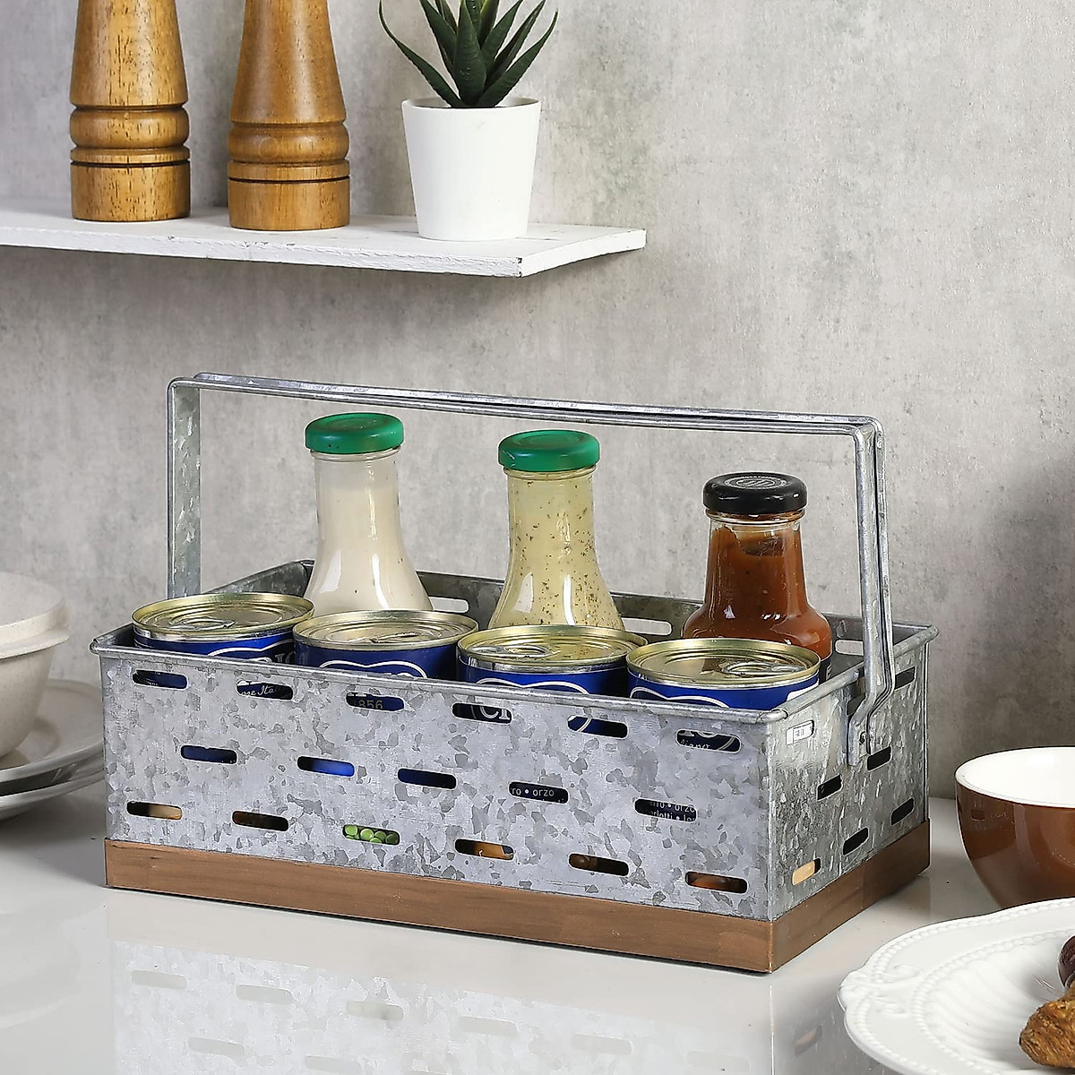 MyGift Silver Galvanized Metal Perforated Condiment Basket Storage Container with Handle and Copper Tone Accent Rim - Handcrafted in India