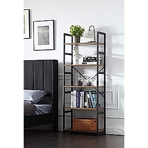 JUSTONE 5 Tier Bookshelf, Tall Bookcase Shelf Storage Organizer, Industrial Book Shelf for Bedroom, Living Room and Home Office,Metal Frame with Wood Board | Rustic + Black,Vintage