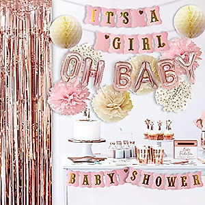 Rose Gold Baby Shower Decorations for Girl Pink Gold It’s A Girl Baby Shower Banner Rose Gold OH Baby Foil Letter Balloons Rose Gold Foil Fringe Curtains Tissue Pom Poms Honeycomb Balls by HappyField
