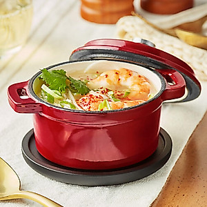 Flavehc Mini Cocotte 8 oz Mini Dutch Oven 0.25 qt. Cast Iron Garlic Roaster for Oven Garlic Confit Pot Ramekins with Lids Oven Safe Set of 4, Red