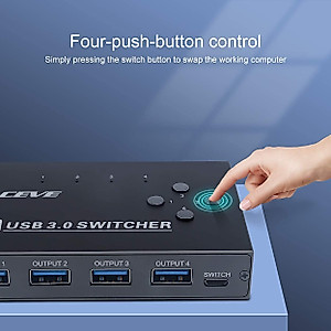 KCEVE USB 3.0 Switch, USB Switcher Selector 4 Computer Sharing 4 USB Devices Printer, Scanner, Mouse, Keyboard, Compatible with Mac/Windows/Linux, with 4 Pack USB 3.0 Cables