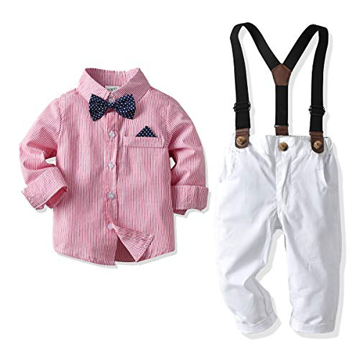 Baby Boys Gentleman Pants Clothing Set Long Sleeves Stripe Shirt+Suspender Pants+Bow Tie Toddler 4Pcs Set (Pink, 4-5T/110)