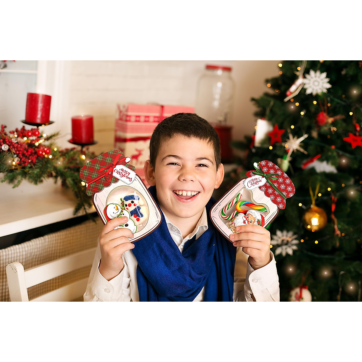 Giiffu 48 Pack Christmas Cards for Kids, Mason Jar Merry Christmas Greeting Cards, DIY Funny Christmas Gifts for School Classroom Exchange Xmas Party Favors(Candy Not Included)