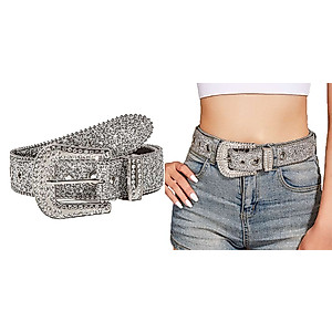 INOGIH Glitter Western Cowboy Style Rhinestone Belt Luxury Bling Bling Diamond Crystal Studded Belts for Jeans Pants Dress