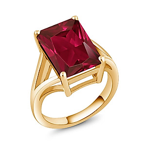 Gem Stone King 18K Yellow Gold Plated Silver Emerald Cut Created Ruby Solitaire Ring For Women (8.00 Cttw Available In Size 5, 6, 7, 8, 9)
