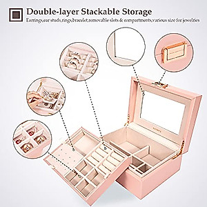 LANDICI Jewelry Organizer Box for Women Teen Girls,Large Jewelry Storage Case with Mirror,2 Layer Removable Stackable Tray,Leather Jewellery Display Holder for Ring Necklace Earring Bracelets,Pink