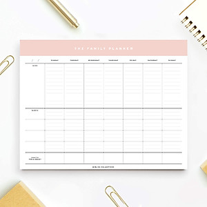 Bliss Collections Family Planner with 50 Undated 8.5 x 11 Tear-Off Sheets - Simple Pink Daily and Weekly Calendar for Planning and Organizing Family Activities, Appointments, Tasks, Chores and Meals