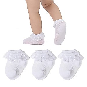 Marchare Baby Lace Socks 3 Pack Infant Baby Girls' Ruffle Frilly Socks Eyelet Princess Cotton Socks,White 6-12 Months