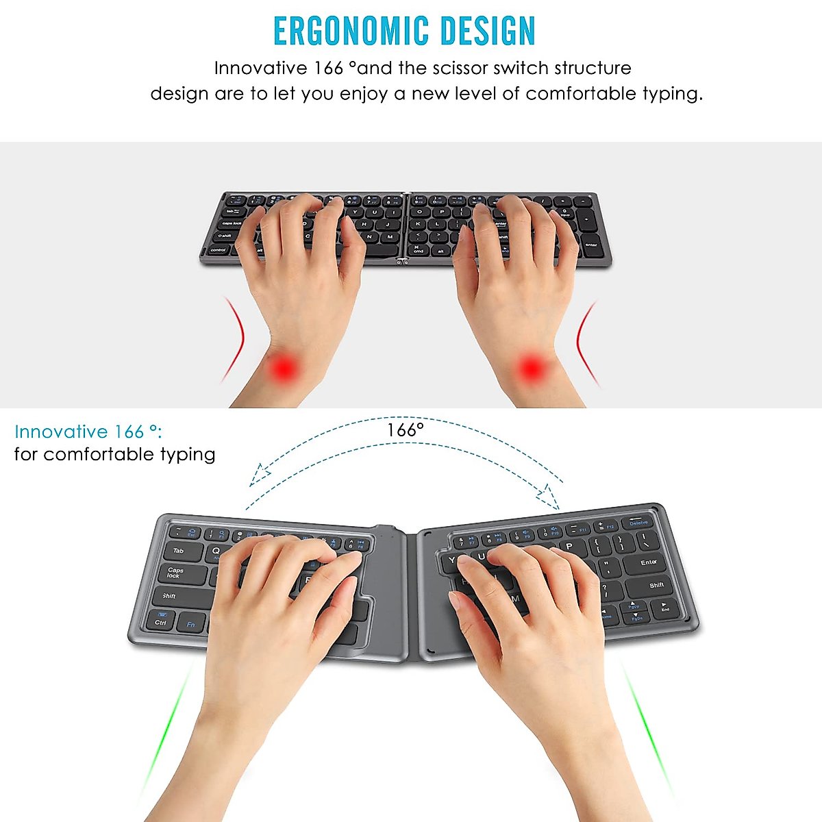 MoKo Foldable Bluetooth Keyboard, Portable Wireless Rechargeable Keyboard, Ultra Slim Ergonomic Folding Keyboard Compatible with iOS, Android and Windows Tablet/Smartphone/Laptop Devices, Silver Gray