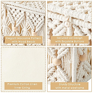 VinneGenzz Boho Macrame Storage Basket with Lid Organza Gift Bags Decorative Wood Beads Bohemian Jewelry Box Bin Handmade Woven Natural Cotton Desk Makeup Organizer Shelf Container (Small Size)