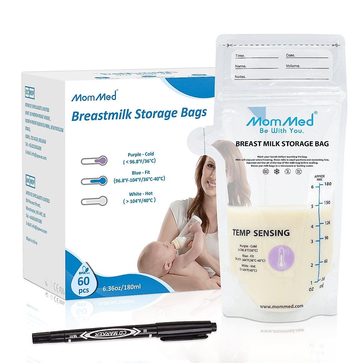 MomMed Breastmilk Storage Bags, Leak Proof Milk Storage Bags for Breastfeeding, Temp-Sensing Discoloration Disposable Breast Milk Bag with Pour Spout, 6 Ounce, Doubled-Sealed, BPA Free, 60Pack