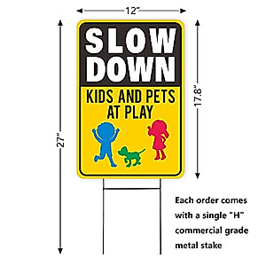Slow Down Signs 2 Pack 17.8"x12" Slow Down Kids At Play Sign, Double Sided Slow Down Kids and Pets at Play Yard Signs With Metal Stakes, Weatherproof, 900g/m² Superhard Corrugated Plastic
