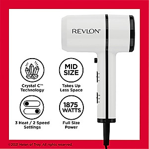 REVLON Crystal C + Ceramic Compact Hair Dryer | 1875W Blow Dryer with Crystal C Technology for Shiny Long-Lasting Shine and Less Frizz | Lightweight (White/Black)