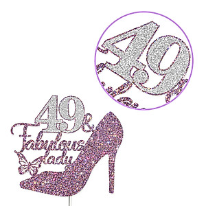 Dalaber 49 & Fabulous Cake Topper, Happy 49th Birthday Party Decoration Supplies Photo Booth Props, 49 & Fabulous Lady Cake Decor - Mix Purple Glitter