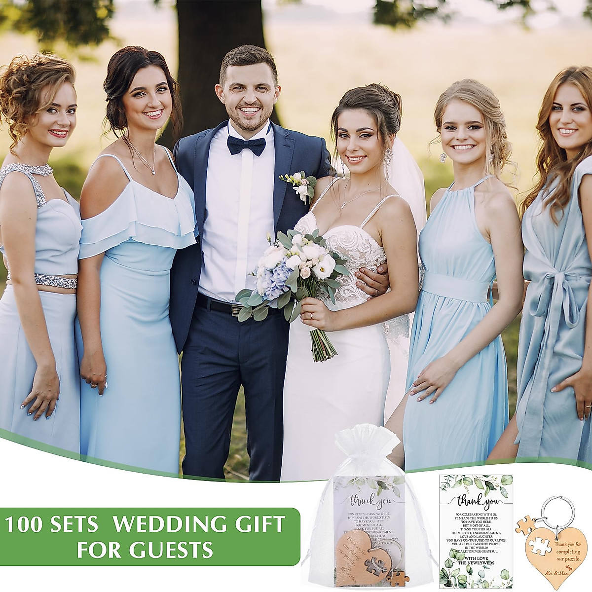 Seeloowy 50 Sets Wedding Souvenir for Guests Includes Wood Heart Puzzle Keychain Cards and Gift Bags Rustic Wedding Favors for Guests