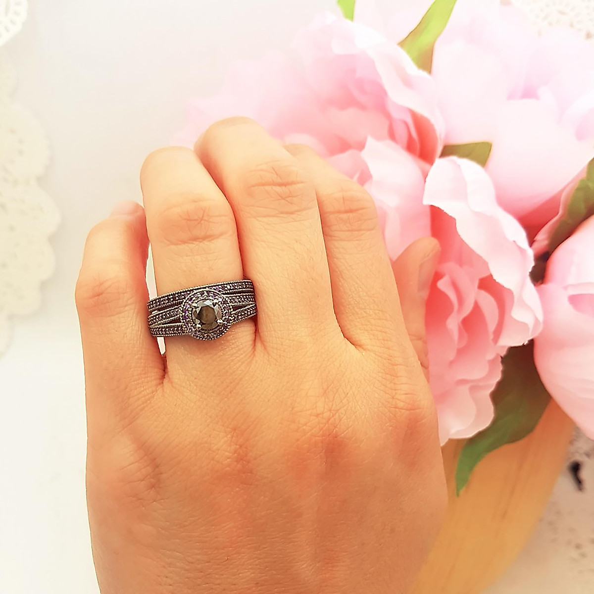 Dazzlingrock Collection Black Rhodium Plated 10K Round Amethyst & Black Diamond Halo Wedding Ring Set in 10K White Gold, Size 7