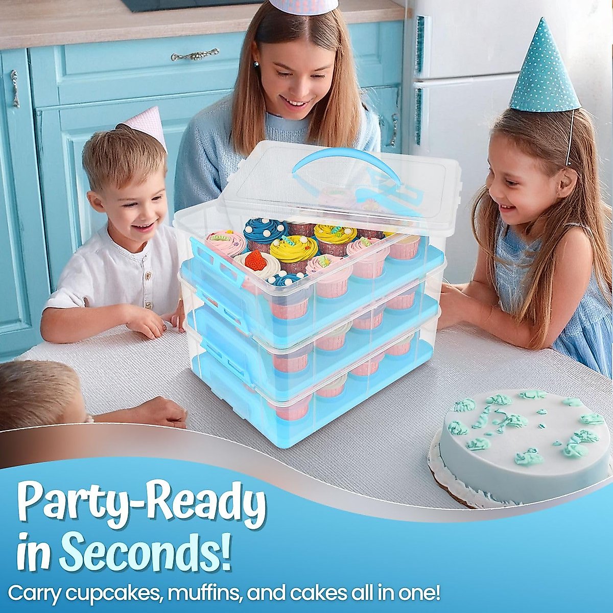 Flexzion 36 Cupcake Carrier 3 Tier Stackable Storage Container Collapsible Cake Carrier with Lid and Handle, Reusable Rectangular Plastic Dessert Travel Container, Display Holder Transport Box (Blue)