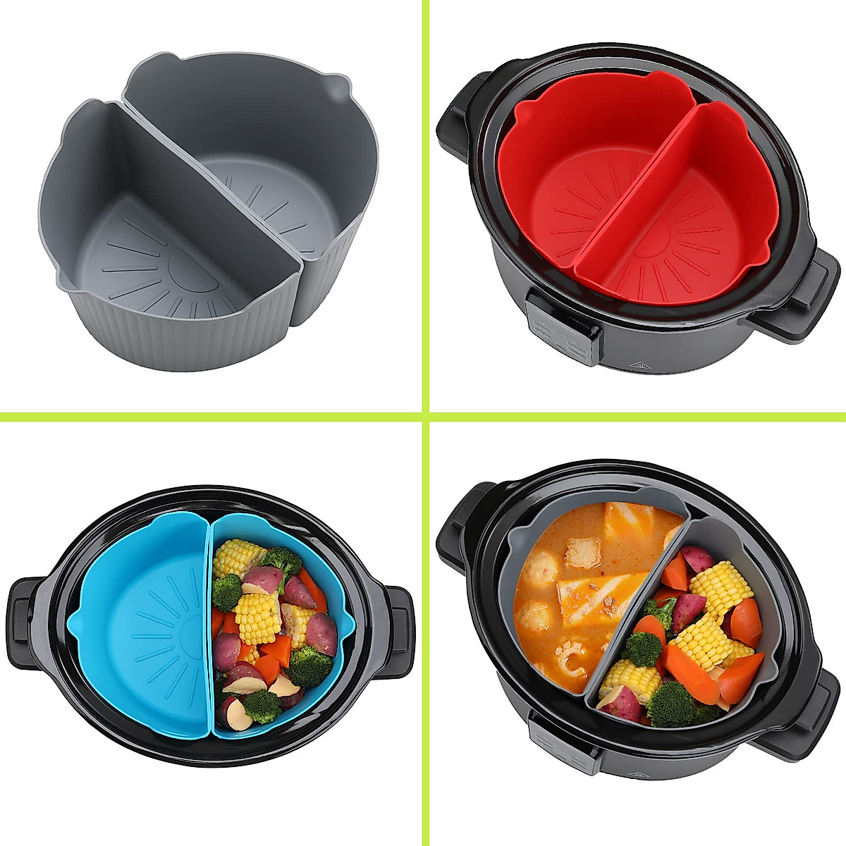 Slow Cooker Liners,LYHOLKEER Silicone Slow Cooker Liner for 6 QT Crockpot & Hamilton Beach,2 IN1 Reusable Slow Pot Divider Insert,Leakproof & Dishwasher Safe, BPA Free (Red+Blue)