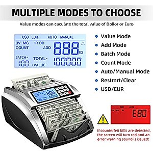 Money Counter Machine PONNOR with Value Count, Dollar, Euro with UV/MG/IR/DD/DBL/HLF/CHN Counterfeit Detection, Bill Cash Counting, Large LCD Display