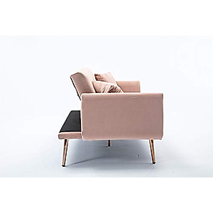 Woanke Mid Century Modern Velvet Fabric Home Living Room Bedroom, Convertible Futon Bed, Accent Sofa Recliner, Golden Metal Legs, 2 Couch Pillows, Pink