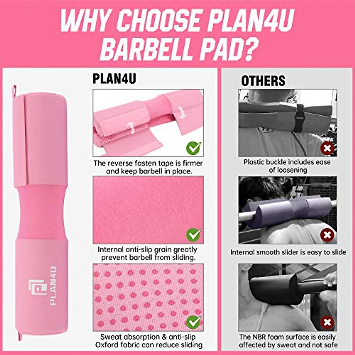Plan4U Barbell Pad Set for Squat Hip Thrusts Upgraded Workout Foam Weight Lifting Bar Cushion Shoulder Neck Support with Anti-slip Grain, Fits Standard Olympic Bars and Smith Machine, 2 Gym Ankle Straps, Hip Resistance Band, Carry Bag, Pink