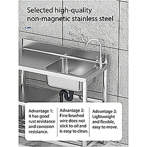 304 Stainless Steel Commercial Sink,Free Standing Kitchen Prep Station Single Bowl,Utility Sink With Faucet & Drainboard,Washing Hand Basin With Workbench & Storage Shelves Indoor Outdoor (Color : R