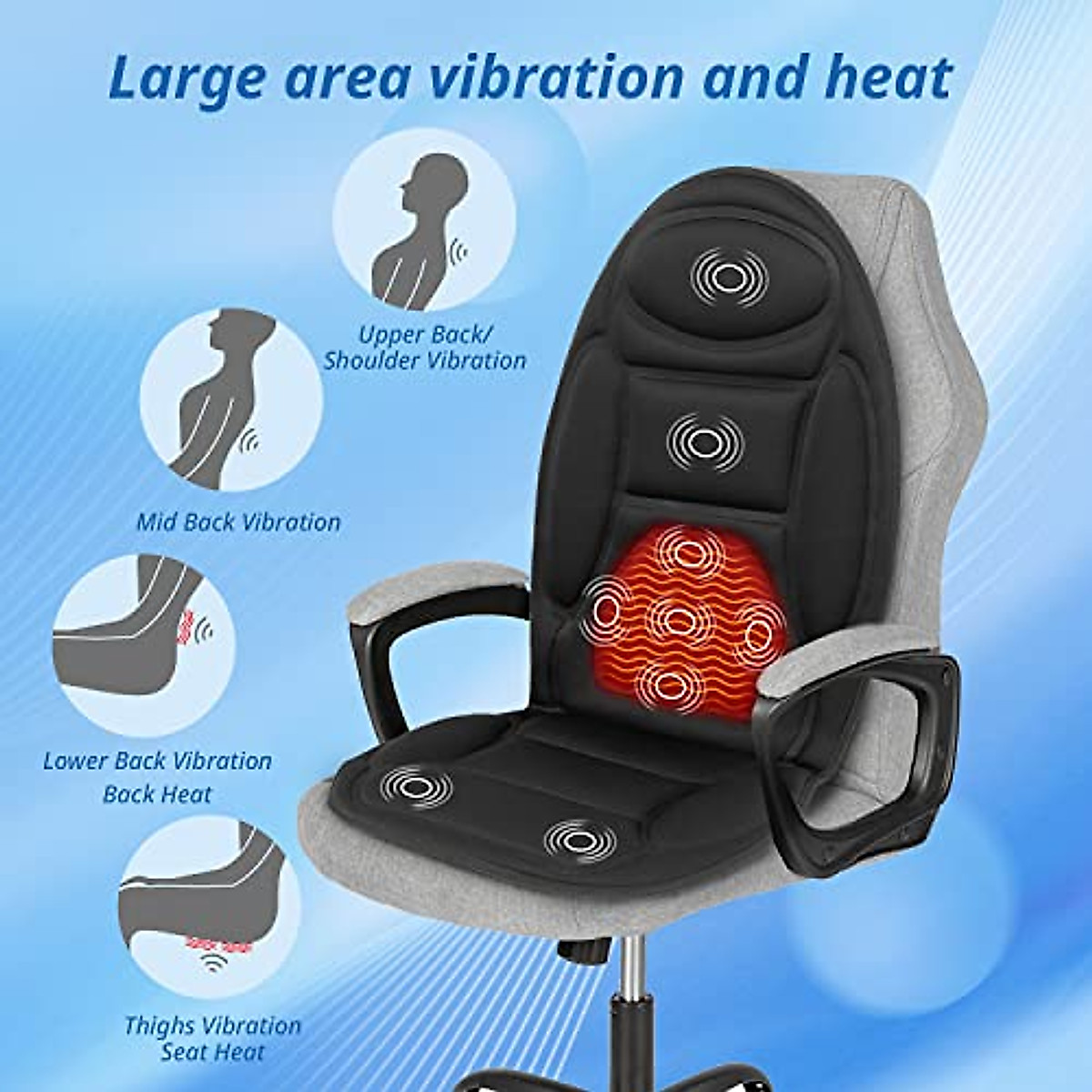 Mynt Heated Vibrating Seat Cushion with Fast Heating, 48 Massages Custom Setting, Overheating Protection, 8 Vibration Nodes, 2 Large Heating Area to Relieve Back Neck Pain for Home Office Chair Use