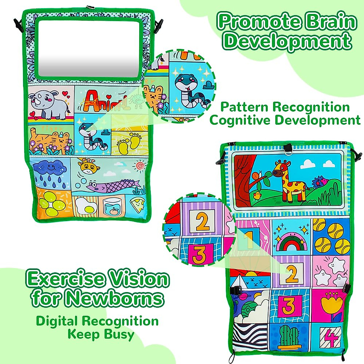 Car Seat Toys Double-Sided Use Kick and Play,Baby Car Toys Rear Facing with Hanging Toy&Teethers,Baby Travel Toys Montessori Baby Tummy Time Mirror Sensory Toys 6 to 12 Months Baby Loves Newborn Gift