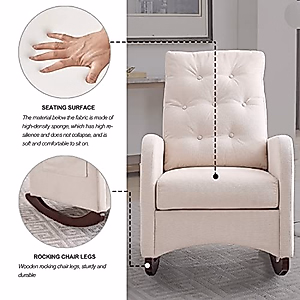 Deolme Modern Accent Rocking Chair, Button Tufted Upholstered Glider Rocker for Nursery, Comfy Armchair with Side Pocket, Lounge Chair with High Backrest for Living Room, Bedroom (Fabric Light Beige)
