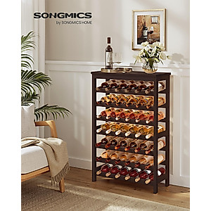 SONGMICS 42-Bottle Wine Rack Free Standing Floor, 7-Tier Display Wine Storage Shelves with Table Top, Bamboo Wobble-Free Bottle Holder for Kitchen Bar Dining Room Living Room, Espresso UKWR27BR