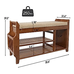 YUSING Bamboo Shoe Rack Bench with Removable Cushion, 2 Tier Entryway Shoe Storage Organizer Shelf with Hidden Drawer and Umbrella Stand for Bedroom, Living Room and Bathroom (Large)