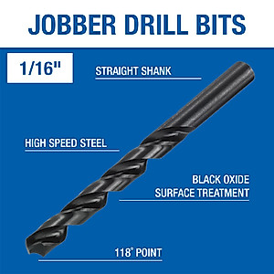 Champion Cutting Tool General Purpose Drill Bits for Metal and Wood (1/16 Inch) - 12 PCS - 118 Degree Point, High Speed Steel Straight Shank Drill Bits with Black Oxide Finish