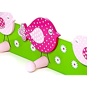 Girls Pink Bird Triple Coat Wall Door Hooks for Girls Bedroom or Nursery