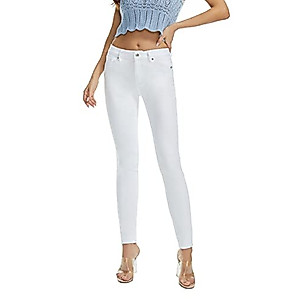 FLYING BANANA Women's White Mid Rise Comfy Stretch Denim Skinny Jeans (White, 14)