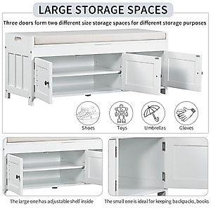 RUNNA Storage Bench with 3 Shutter-Shaped Doors Wood Entryway Bench Shoe Bench with Removable Cushion and Hidden Storage Space Saving,Great for Foyer entrances (White#1)