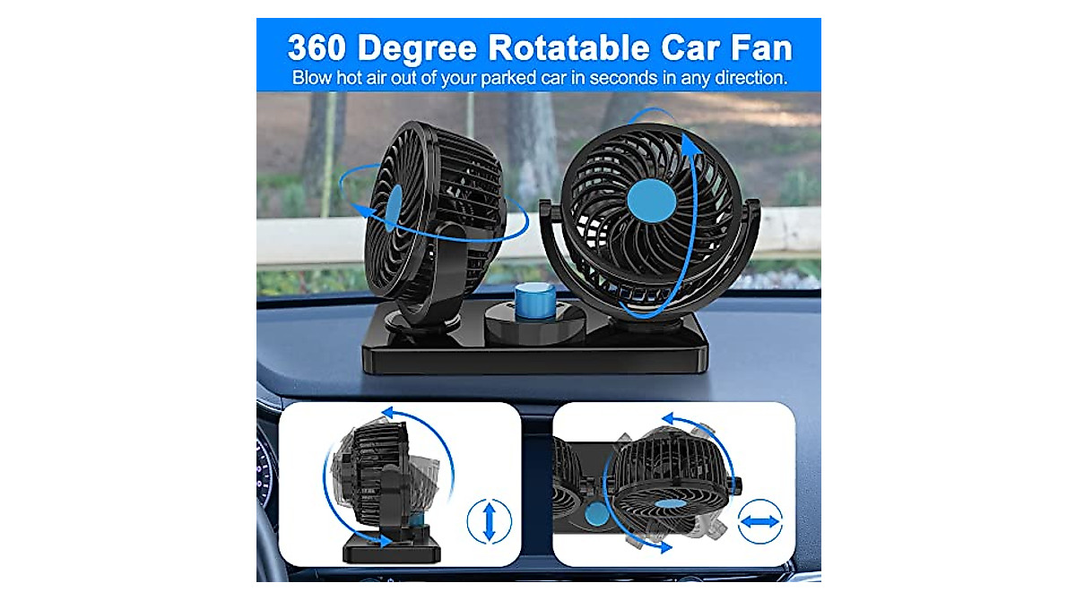 FiveJoy Car Fan 360° Rotatable Dual-Head Cooling Fan for Vehicles