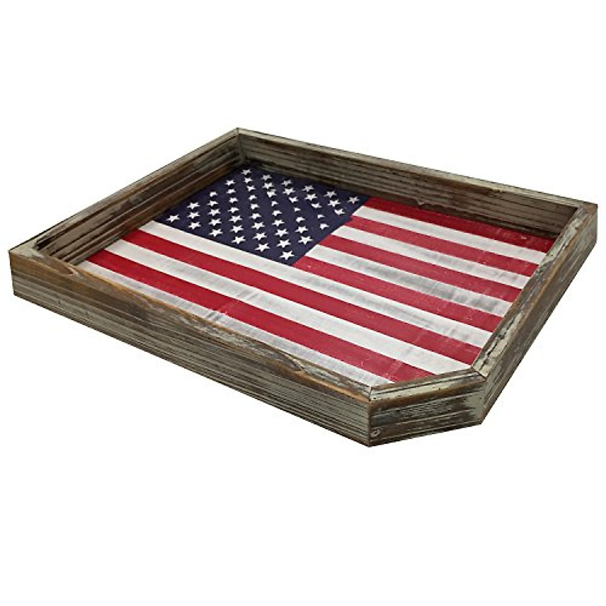 MyGift American Flag Design Serving Tray - Rustic Torched Wood Decorative Display Ottoman Coffee Table Tray