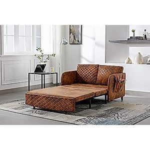 VKKILPEE Modern Pull Out Sofa Bed Convertible Couch Bed Sofa Sleeper with 2 Pillows & Side Pockets Microfiber Small Full Bed Loveseat Futon Couch Sleeper with Headboard, Easy Assembly, Coffee