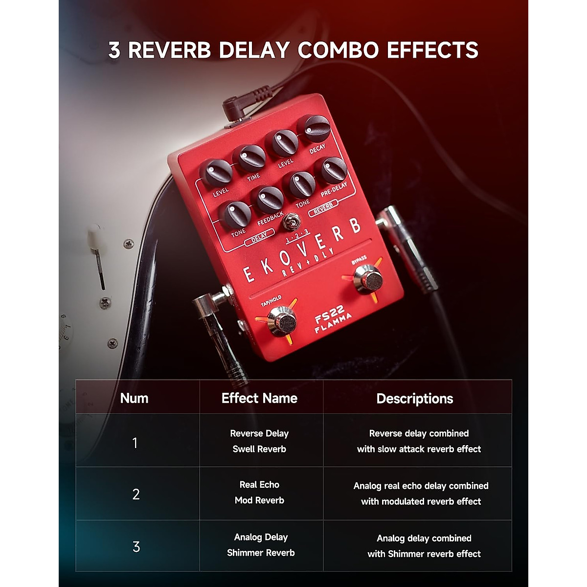 FLAMMA FS22 Stereo Delay & Reverb Combo Effects Pedal Ambient Guitar Pedal with 3 Pairs Combo Effects Reverse Delay Shimmer Reverb Tap Tempo Freeze Trail On Function
