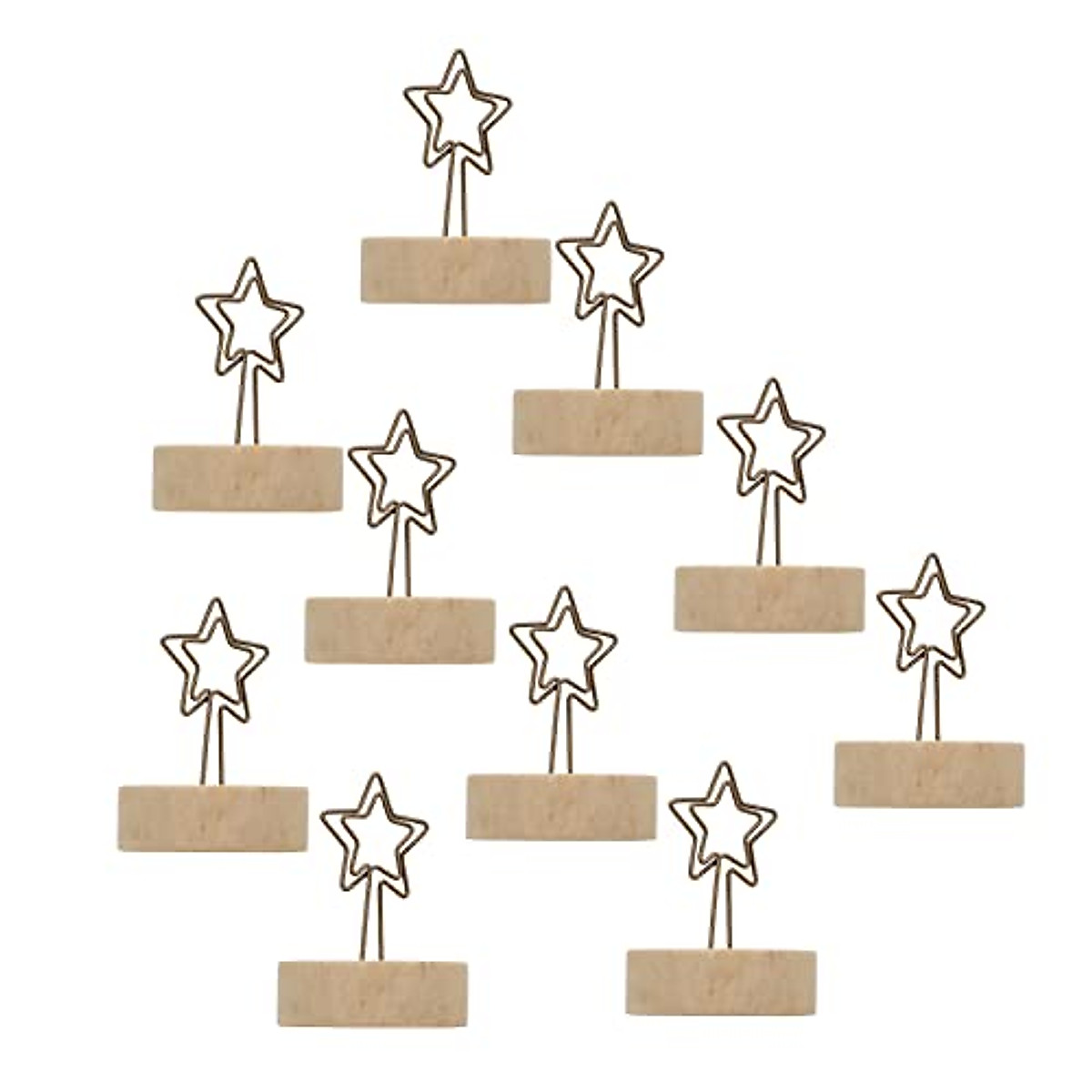10PCS Number Holder, Wooden Base Place Card Holder, Star Shaped Iron Wire Photo Clip Table Sign Stand Number Holder Table Card Picture Memo Note Photo Picks Clip Stand for Christmas Party Wedding Home