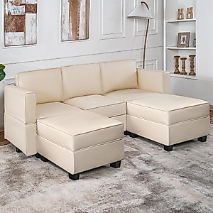 Naomi Home Sarah Modular Sectional Sofa with Double Chaise Air Leather U Shaped Sofa Reversible Sectional Couch with Storage - Beige