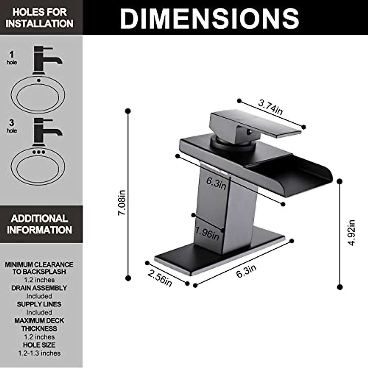 ZORIOU Waterfall Bathroom Sink Faucet, Cold and Hot Water Temperature Sensitive, Wide Spout Basin Modern Faucet with 3 Colors Changes (Matte Black)