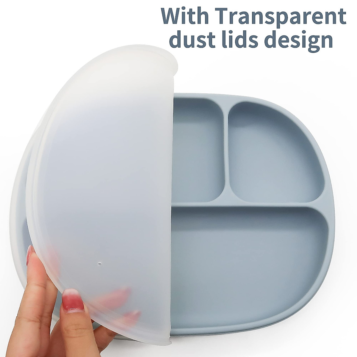 Toddler Plates with Lid Weaning Spoon Fork Set, Santi & Me Silicone Baby Plates with Suction Solid Feeding Dishes and Utensils Set - BPA Free, Microwave & Dishwasher Safe(Dusty blue)