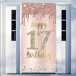 Happy 17th Birthday Door Banner Decorations for Girls, Pink Rose Gold 17 Birthday Door Cover Backdrop Party Supplies, Large Seventeen Year Old Birthday Poster Sign Decor
