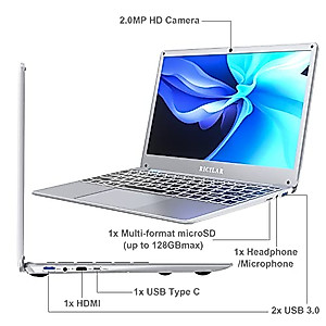 RICILAR Windows Laptop, 14 Inch HD Display, Intel Celeron N4020, 4GB RAM, 128GB SSD, Backlit Keyboard, Type C, HDMI, Wi-Fi 5, Silver, School Laptop Computer for Students and Business